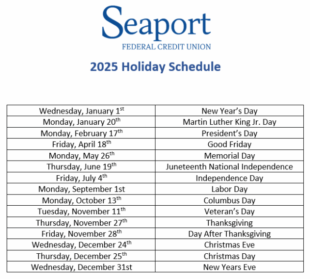 Holiday Schedule – Seaport Federal Credit Union